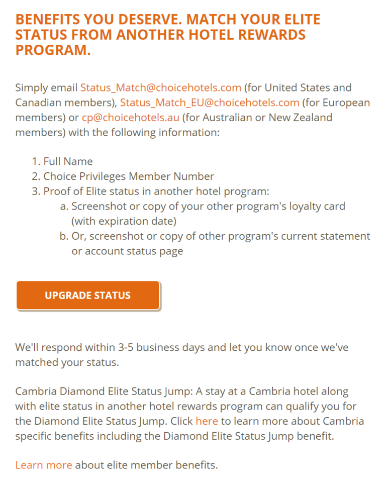 Choice Hotels Elite Rewards Member Status Match
